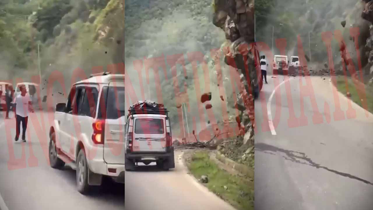 पहाड़ों से गिरे पत्थर, एक के बाद एक कई गाड़ियां आईं चपेट में, देखें वीडियो